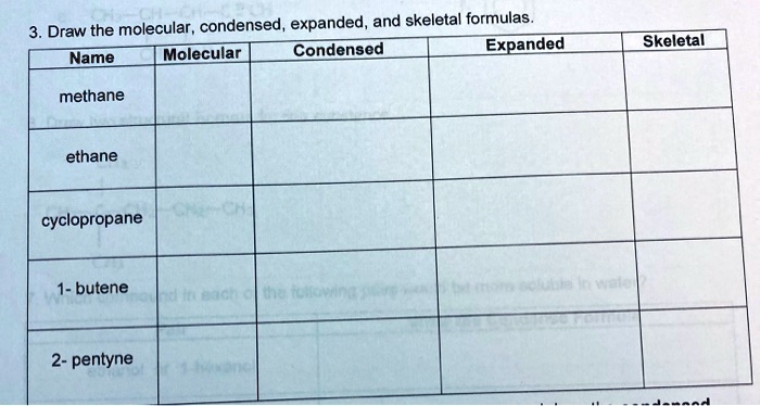 SOLVED: 3. Draw the molecular, condensed, expanded, and skeletal formulas Condensed Expanded ...
