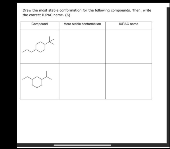 SOLVED: Draw the most stable conformation for the following compounds. Then, write the correct ...