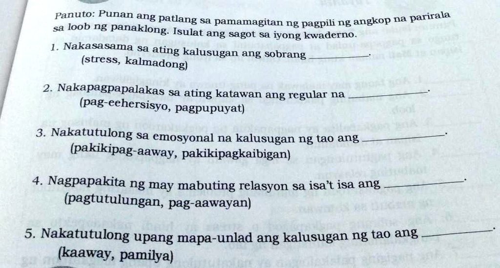 SOLVED: Tulungan po ninyo ako Panuto: Punan ang patlang sa pamamagitan ...