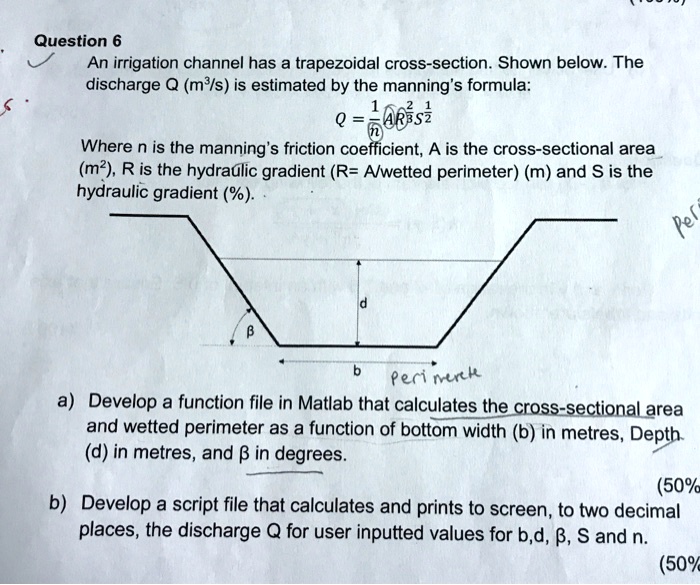 Question 6 An irrigation channel has a trapezoidal cross-section. Shown below. The discharge Q ...