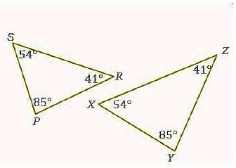 The triangles below are similar. Triangle SRP. Angle S is 54 degrees ...