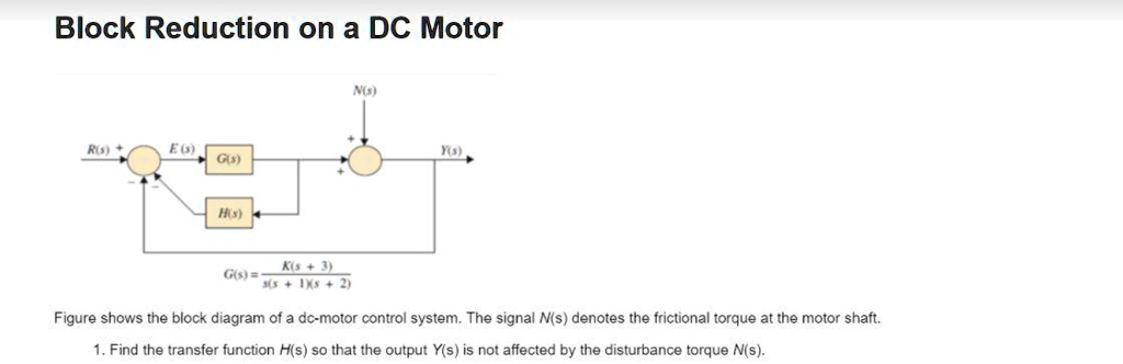 Block Reduction on a DC Motor R(s) E (3) G(s) H(s) G(s) = (K(s+3))/((s+1)(s+2)) N(s) Y(s) Figure ...
