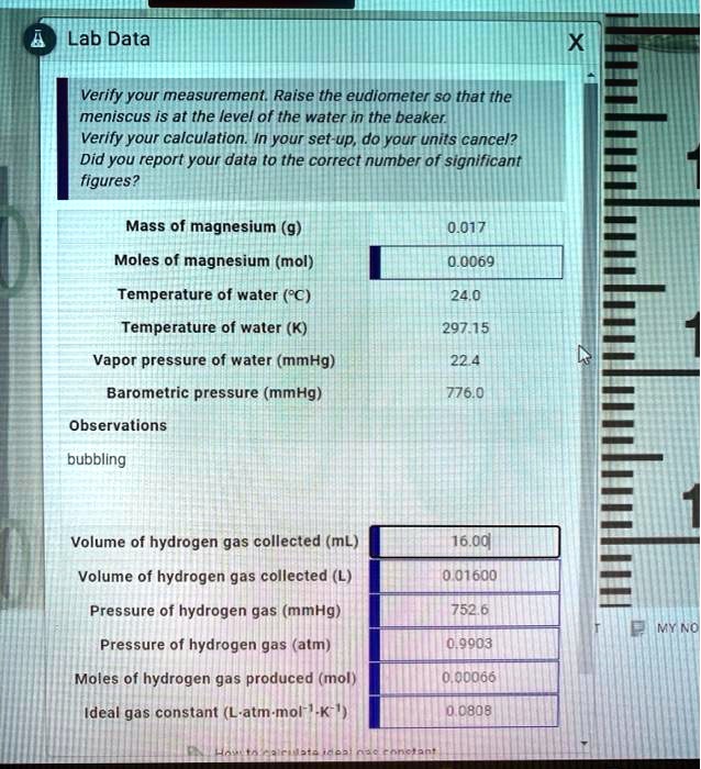lab data verify your measurement raise the eudlometer s0 that the meniscus is at the level of ...