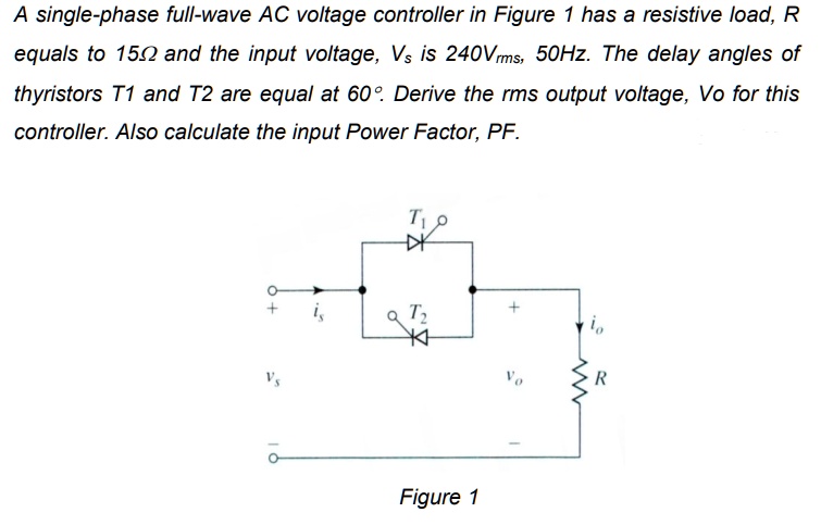 A single-phase full-wave AC voltage controller in Figure 1 has a resistive load, R equals to ...