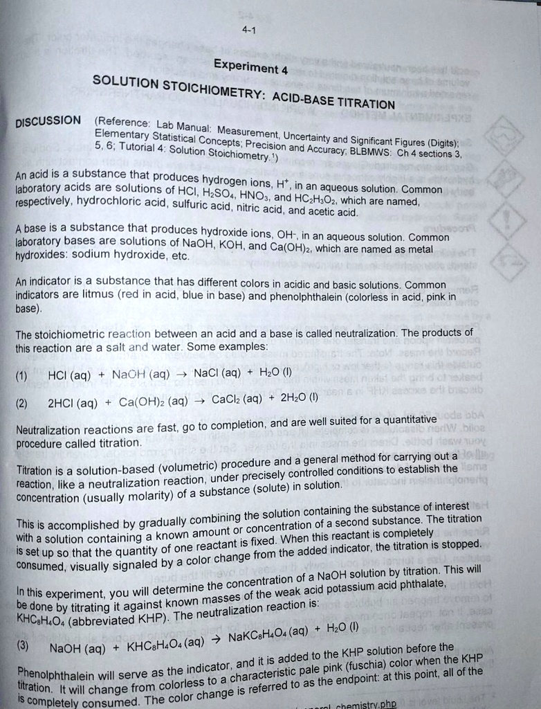 experiment solution stoichiometry acid base titration discussion reference lab elementary manual ...