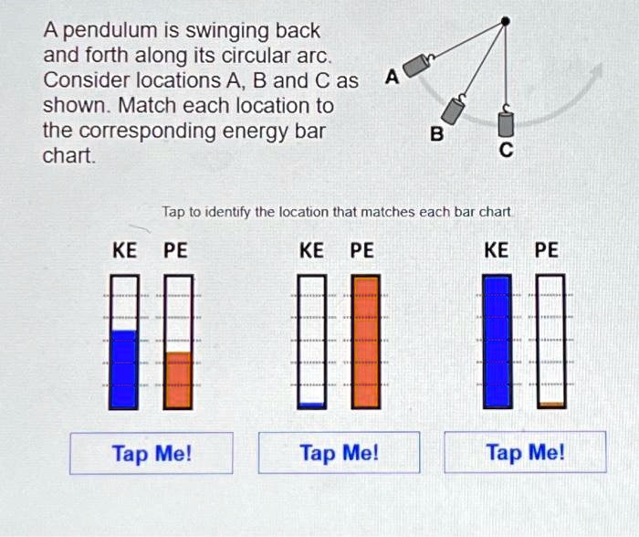SOLVED: A pendulum is swinging back and forth along its circular arc. Consider locations A, B ...