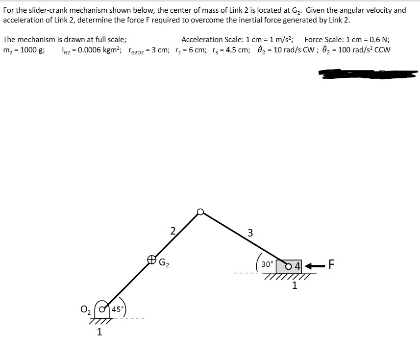 For the slider-crank mechanism shown below, the center of mass of Link 2 is located at G(2 ...
