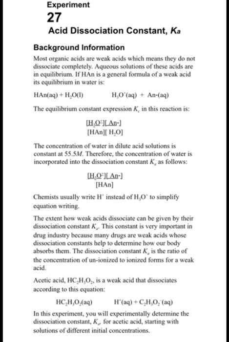 SOLVED: Experiment 27 Acid Dissociation Constant; Ka Background ...