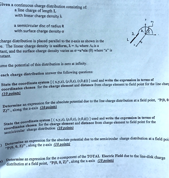 given a continuous charge distribution consisting of a line charge of length l with linear ...