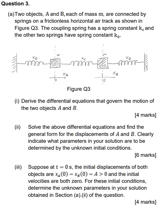 SOLVED: Text: Question 3. (a) Two objects, A and B, each of mass m, are connected by springs on ...