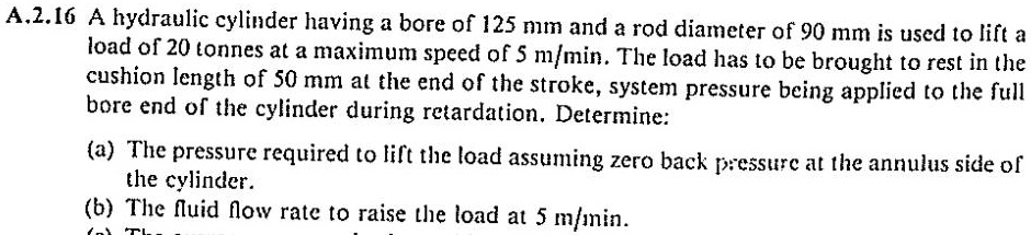 A.2.16 A hydraulic cylinder having a bore of 125 mm and a rod diameter ...