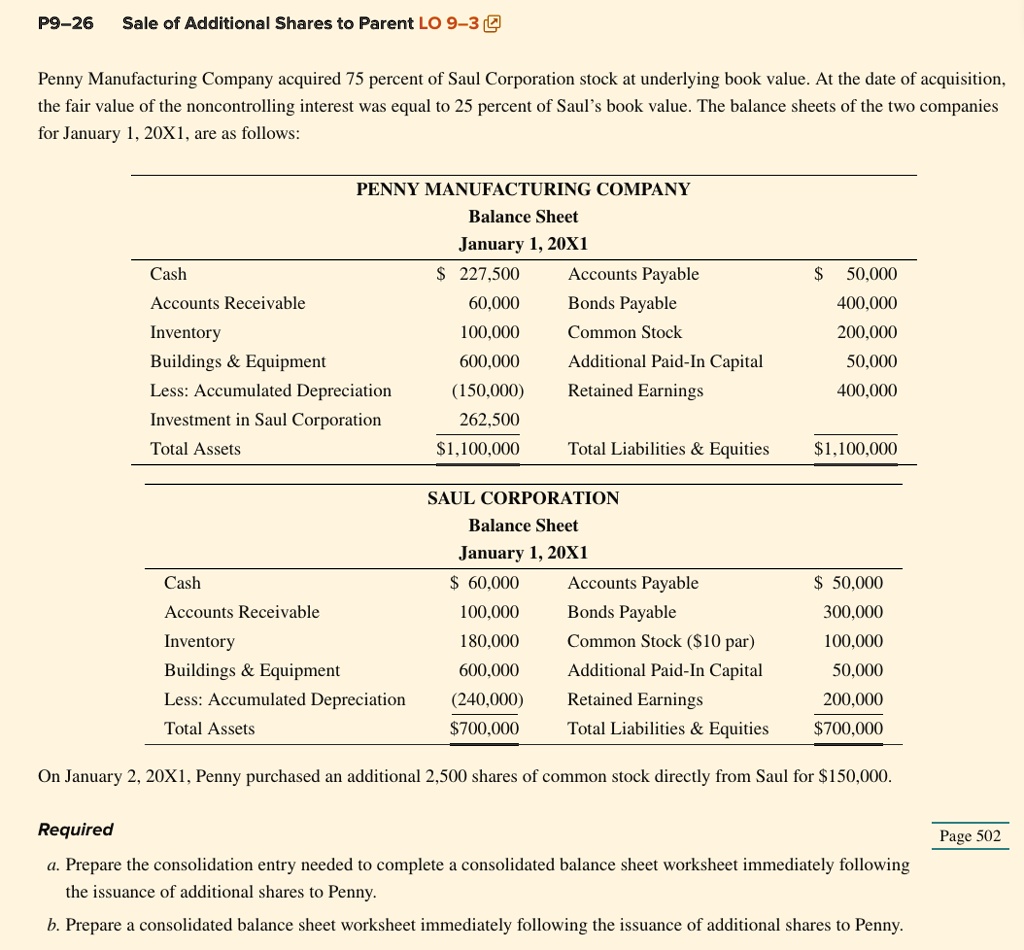 SOLVED: P9-26 Sale of Additional Shares to Parent LO 9-3 Penny ...