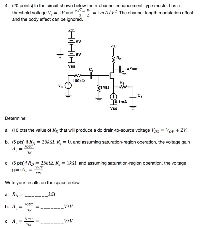(20 points) In the circuit shown below, the n-channel enhancement-type ...