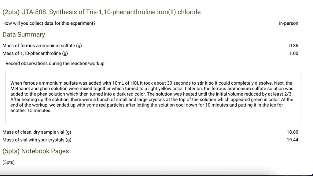 (2pts) UTA-808: Synthesis of Tris-1,10-phenanthroline iron(II) chloride ...