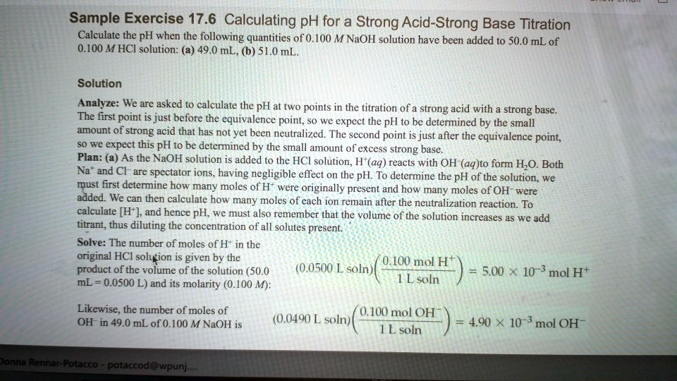 sample exercise 176 calculating ph for a strong acid strong base titration calculate the ph when ...