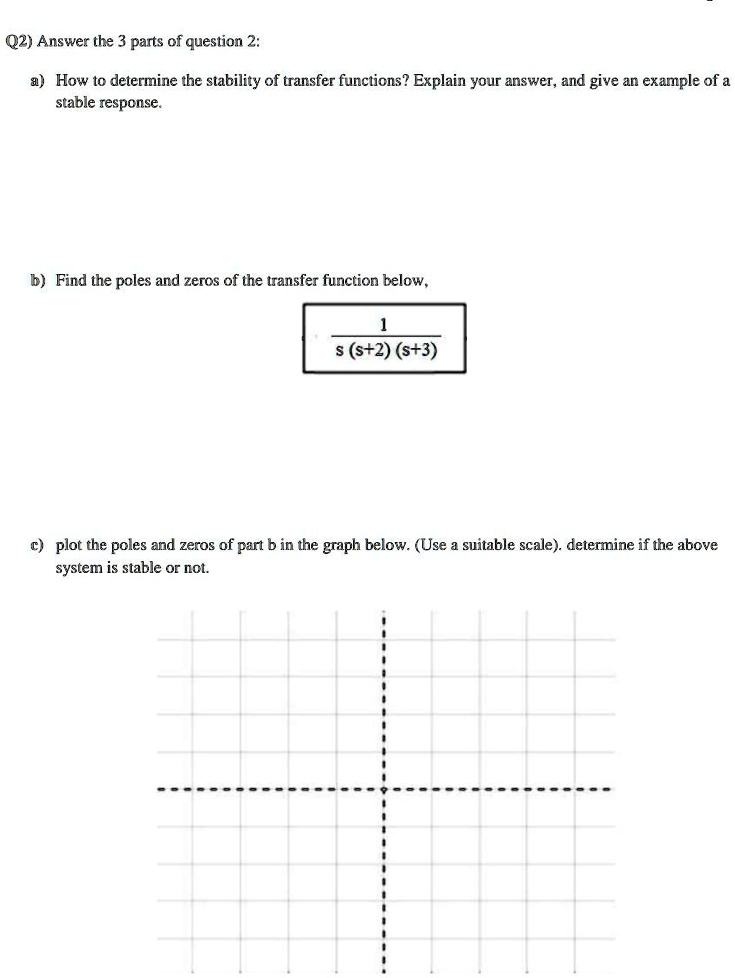 Q2) Answer the 3 parts of question 2: a) How to determine the stability of transfer functions ...