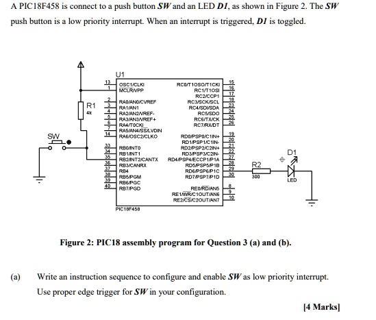 SOLVED: A PIC18F458 is connected to a push button SW and an LED D1, as shown in Figure 2. The SW ...