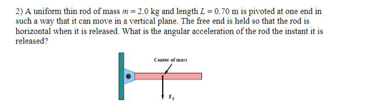 2) A uniform thin rod of mass m=2.0 kg and length L=0.70 m is pivoted at one end in such a way ...