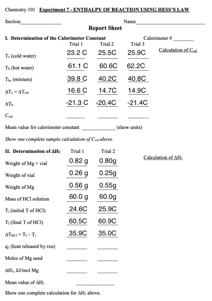 SOLVED: Chemistry 101 Experiment Z: Enthalpy of Reaction Using Hess's ...