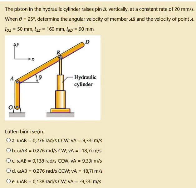 SOLVED: The piston in the hydraulic cylinder raises pin B vertically at a constant rate of 20 mm ...