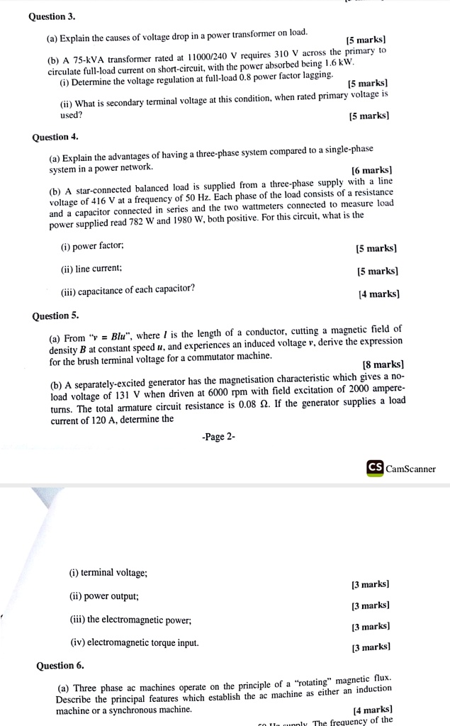 SOLVED: Question 3. (a) Explain the causes of voltage drop in a power transformer on load. [5 ...