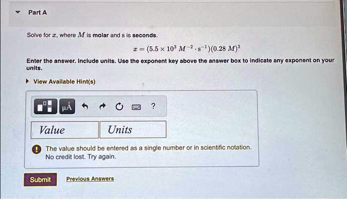 SOLVED: Part A: Solve for x, where M is molar and s is seconds. Enter ...