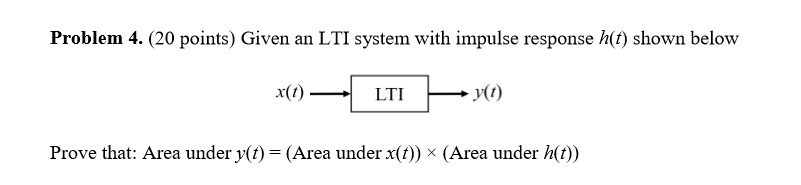 SOLVED: Problem 4.(20 points Given an LTI system with impulse response h(t shown below x(t) LTI ...