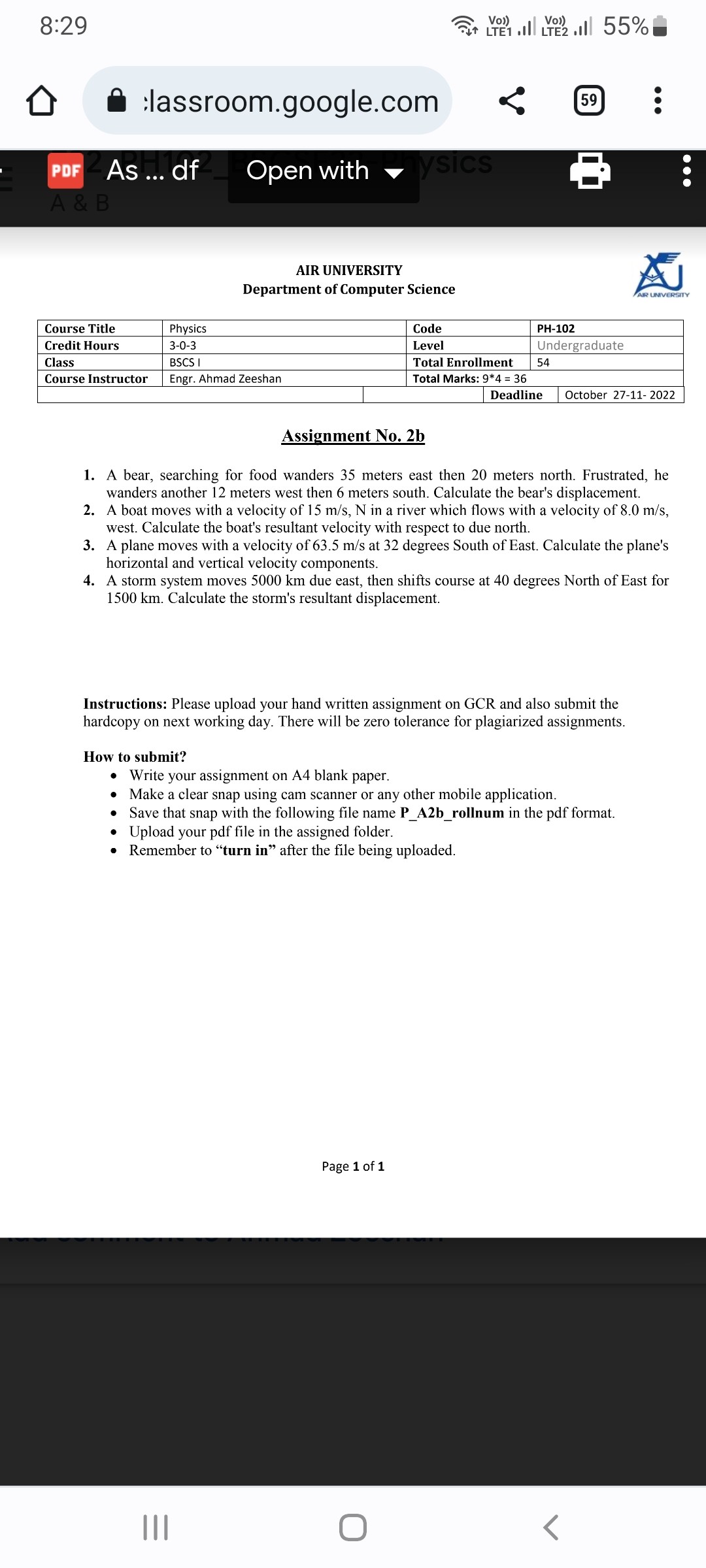 SOLVED: 8: 29 i lassroom.google.com 0 59 : AIR UNIVERSITY Department of Computer Science ...