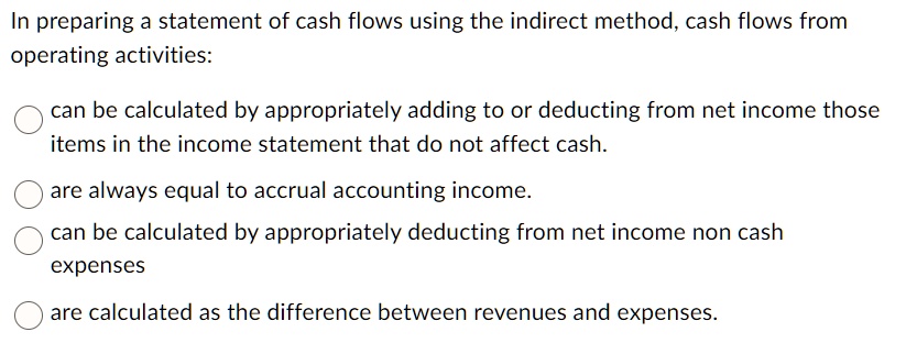 SOLVED: In preparing a statement of cash flows using the indirect ...