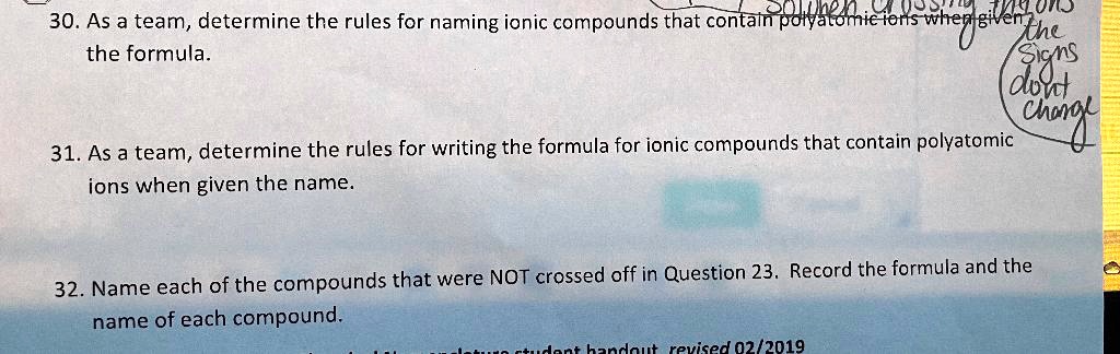 SOLVED: 30. As a team, determine the rules for naming ionic compounds that contain polyatomic ...