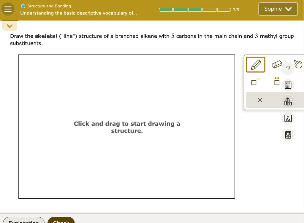 draw the skeletal line structure of a branched alkene with 5 carbons in ...