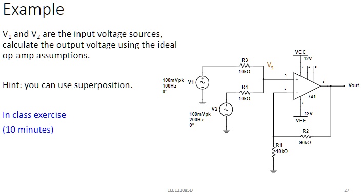 Example V? and V? are the input voltage sources, calculate the output voltage using the ideal op ...