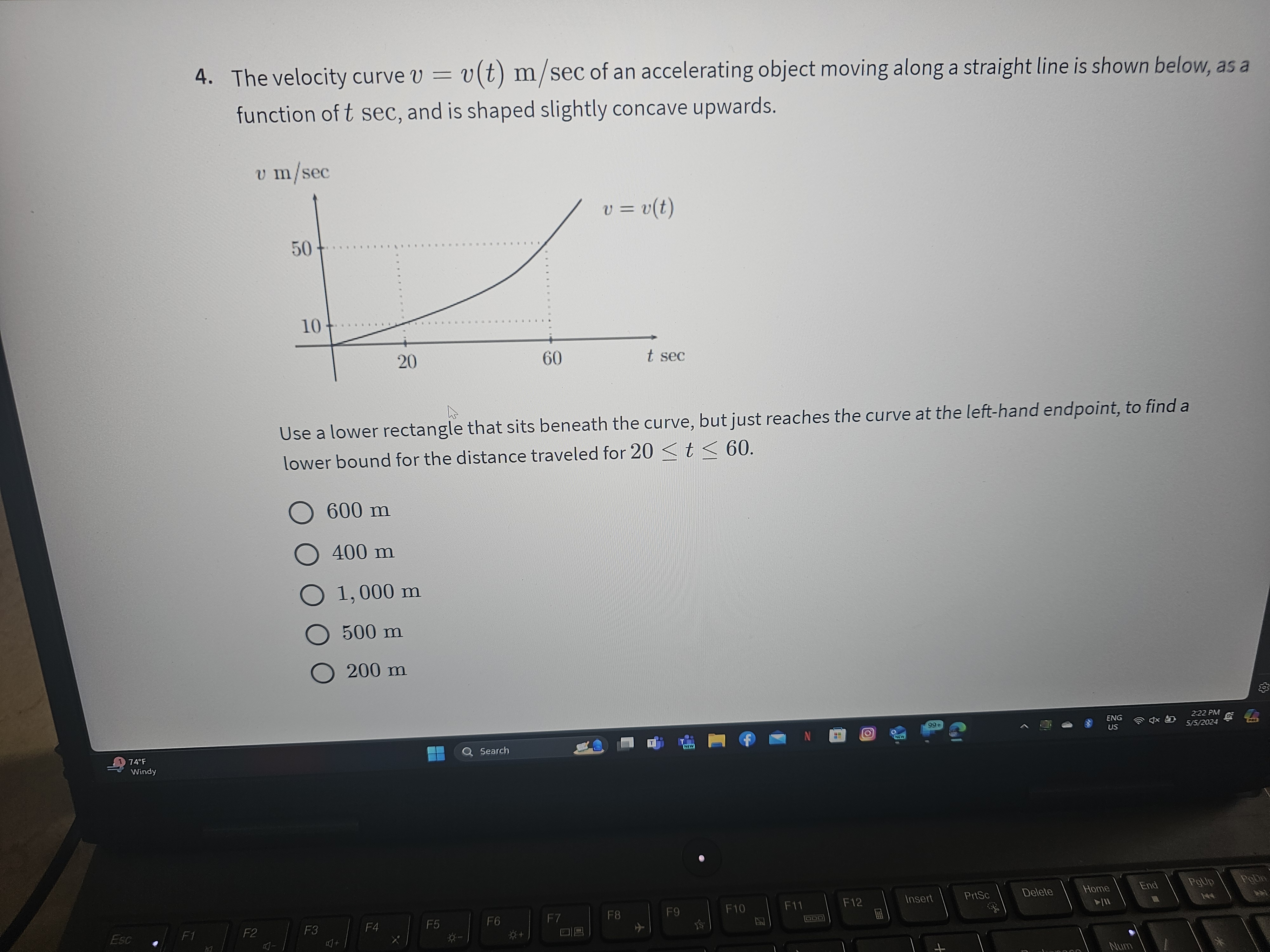 4. The velocity curve v=v(t) m / sec of an accelerating object moving ...
