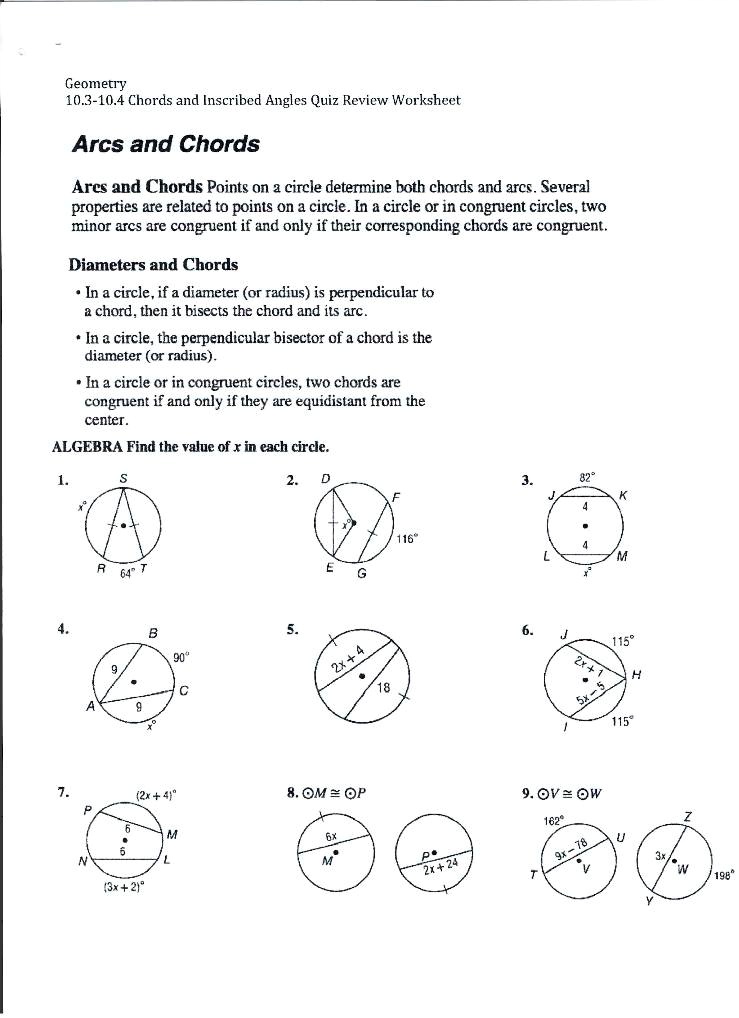 geometty 103 104 chords and inscribed angles quiz review worksheet arcs ...