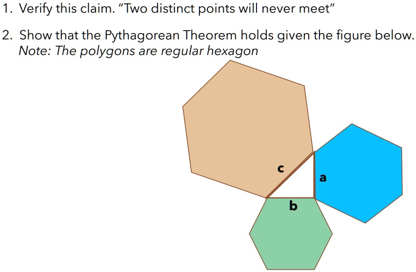 SOLVED: Modern Geometry 1. Verify this claim. "Two distinct points will never meet" 2. Show that ...