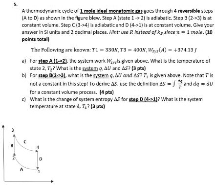 a thermodynamic cycle of 1 mole ideal monatomic gas goes through 4 reversible steps a to d as ...