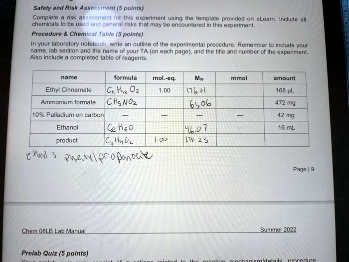 Safety and Risk Assessment (5 points) Complete a risk assessment for ...
