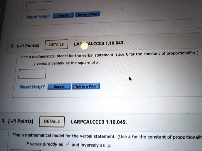 SOLVED: Need Help? LAR ALCCC3 1.10.043. DETAILS [-71 Points] mathematical model for the verbal ...
