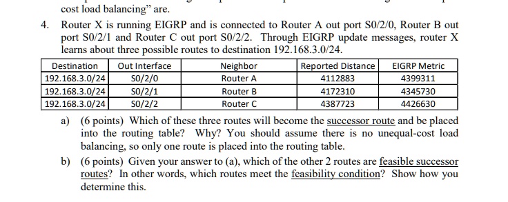 SOLVED: Cost Load Balancing Router X is running EIGRP and is connected to Router A out port S0/2 ...