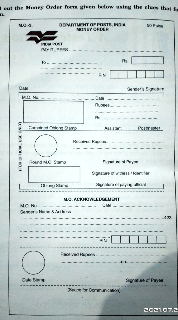 SOLVED: Fill out the Money Order form given below using the clues that ...
