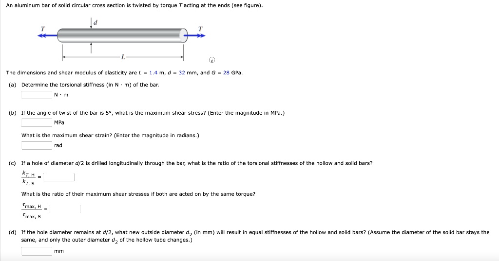 an aluminum bar of solid circular cross section is twisted by torque t ...
