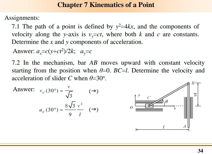 Assignments: Chapter 7 Kinematics of a Point 7.1 The path of a point is ...