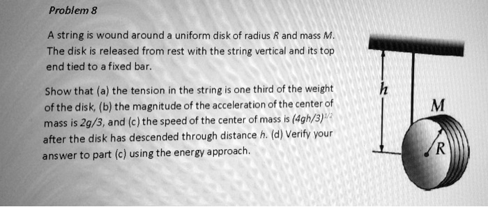 SOLVED: Problem 8 A string is wound around a uniform disk of radius R and mass M. The disk is ...