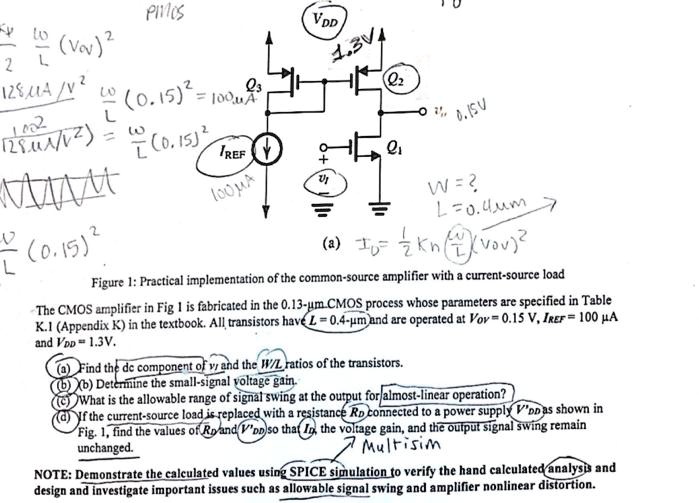 PIMOS (ky)/(2) (ω)/(L) (Vov)^2 (128μA)/(V^2) (ω)/(L) (0.15)^2 = 100μA (128μA)/(V^2) = (ω)/(L) (0 ...