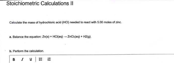 stoichiometric calculations calculate the mass of hydrochloric acid hci ...