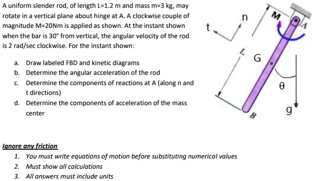 A uniform slender rod, of length L=1.2 m and mass m=3 kg, may rotate in ...