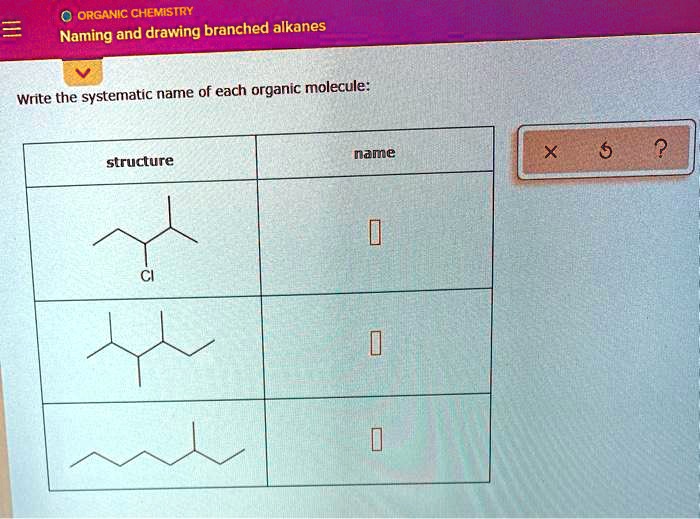 SOLVED: ORGANIC chEMISTRY Naming and drawing branched alkanes Write the systematic name of each ...