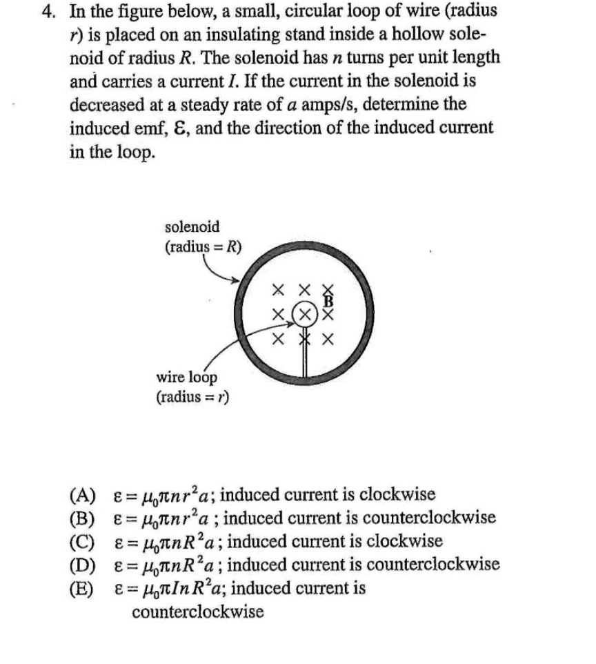 4. In the figure below, a small, circular loop of wire (radius r) is placed on an insulating ...