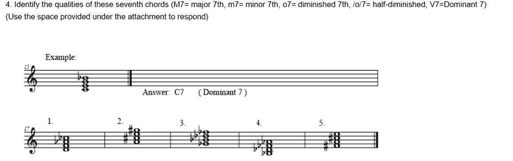 SOLVED: 4. Identify the qualities of these seventh chords (M7= major ...