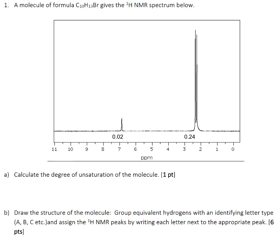 1. A molecule of formula C10H13Br gives the ^1H NMR spectrum below. 0. ...